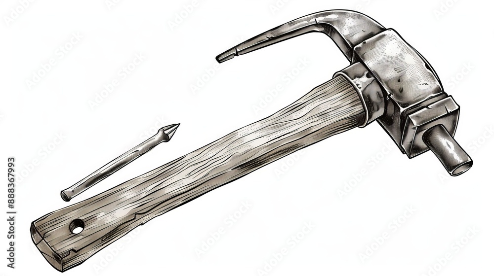 A highly realistic drawing featuring a hammer and chisel, meticulously ...