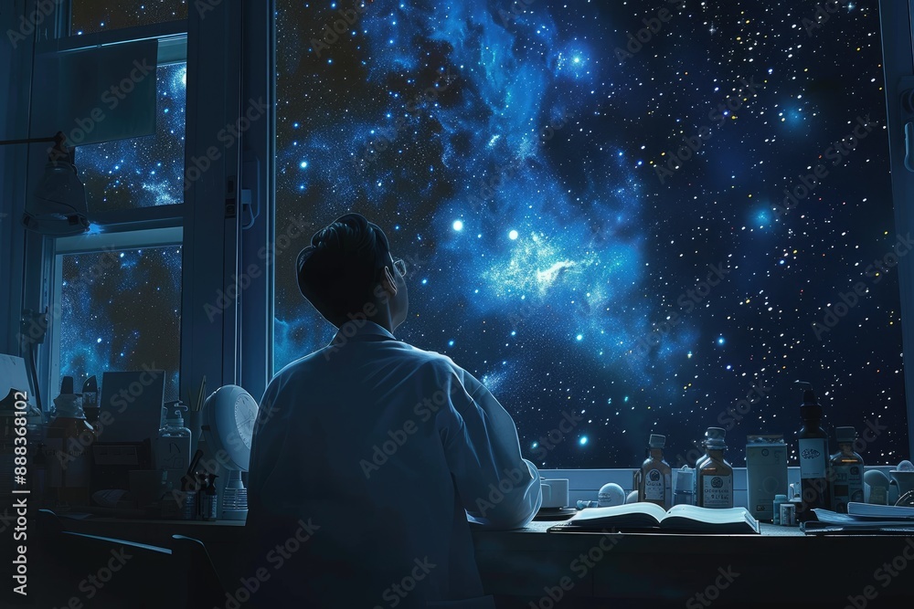 Pensive person gazing at starry cosmos, doctor gazing at starry night ...