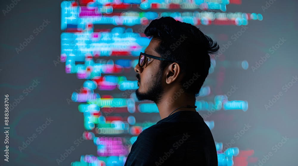 indian man programmer standing in front of a screen with code projected ...