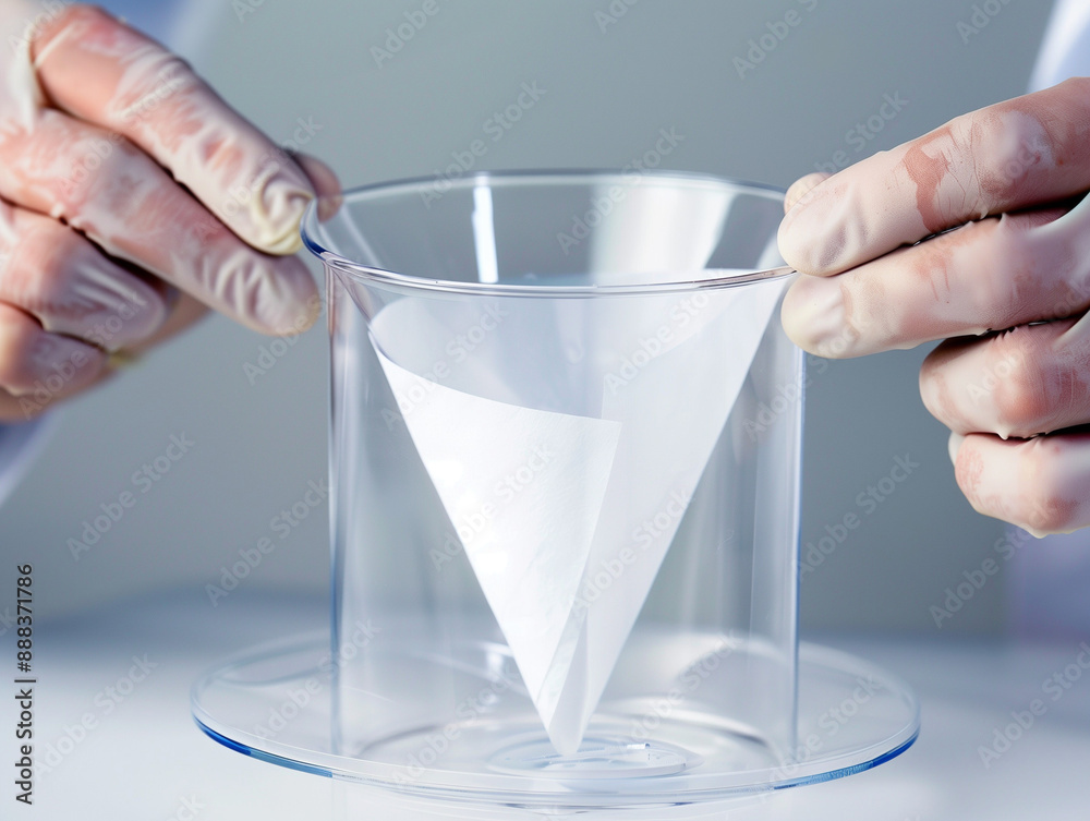 Hands using a filter paper to separate solids from liquids in a funnel ...