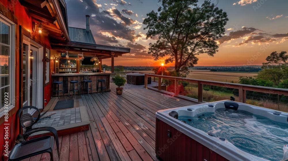 rustic suburban farmhouse with an expansive deck area, featuring a ...