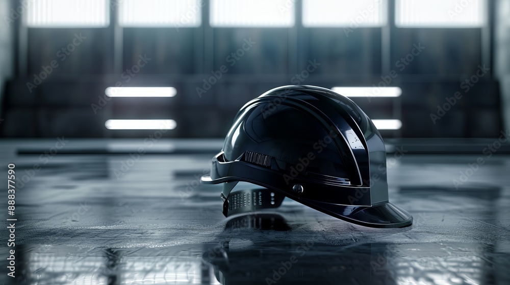 This image depicts a black hard hat resting on a shiny construction ...