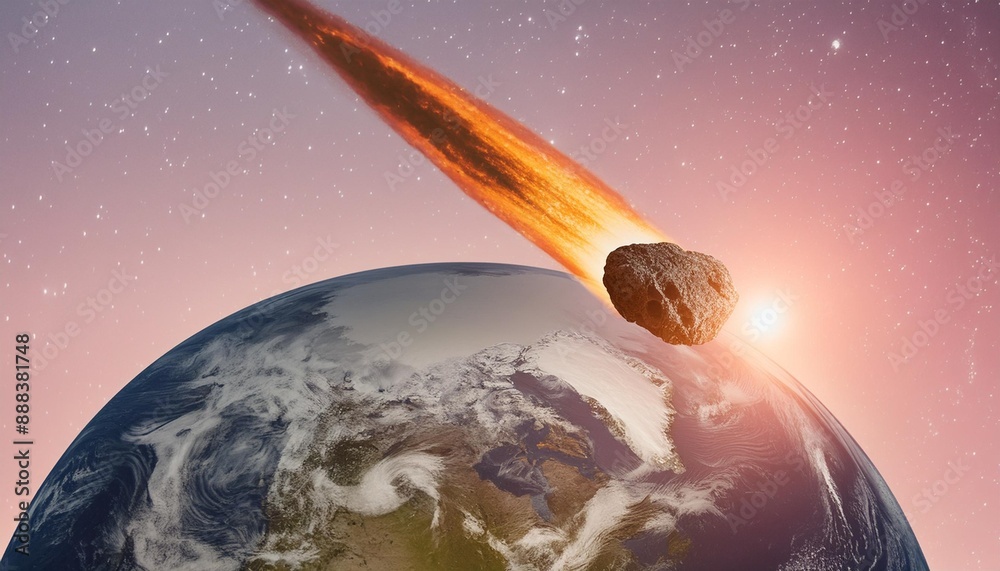 an asteroid with fiery tail colliding into earth depicting the event ...