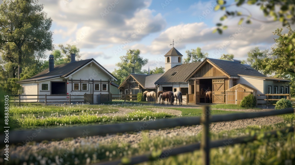 classic suburban farmhouse with a horse stable, featuring well ...