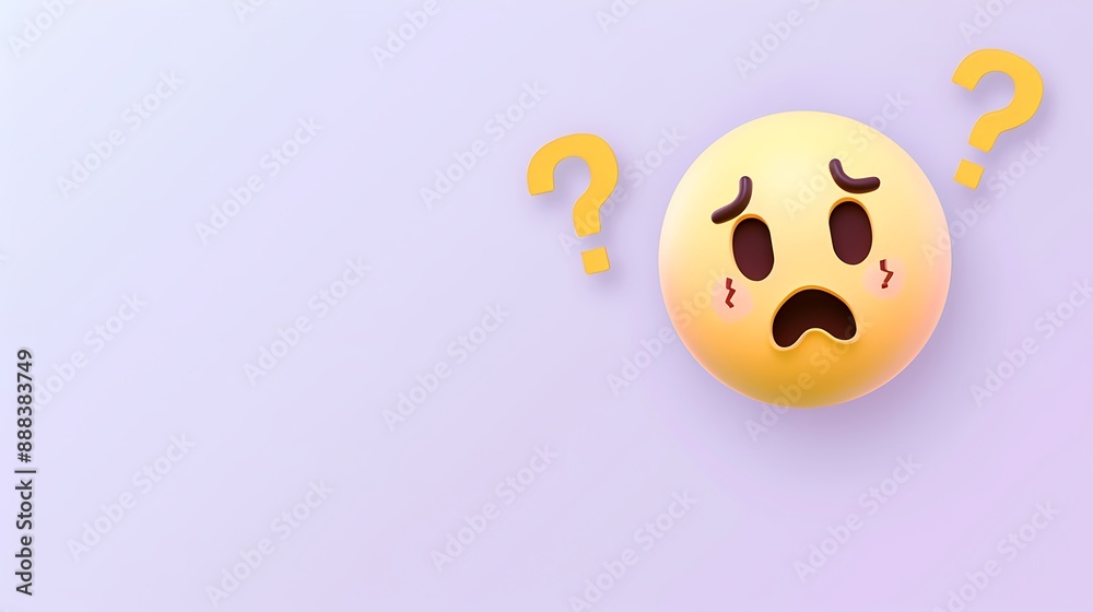 An emoji with a thinking face and question marks on a light purple ...