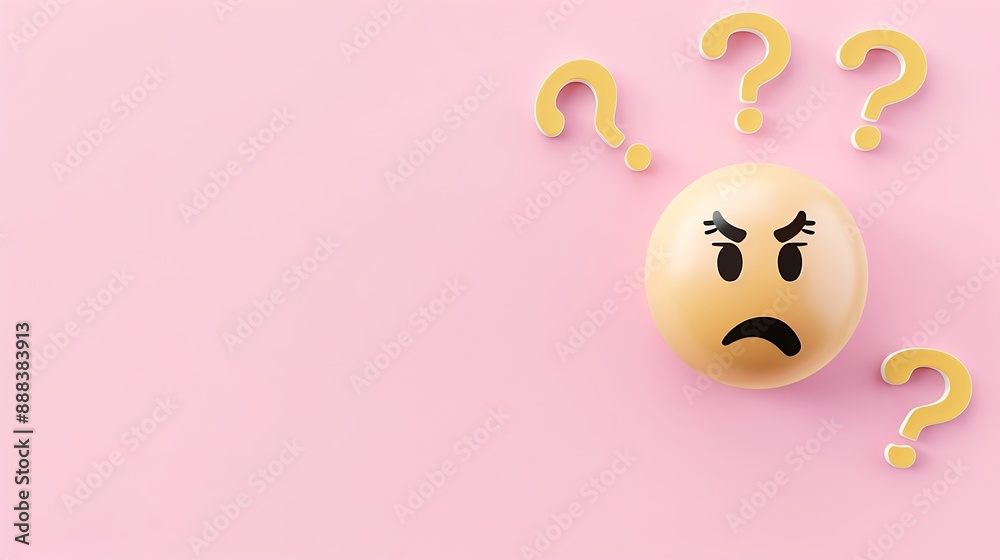 An emoji with a thinking face and question marks on a pale pink ...
