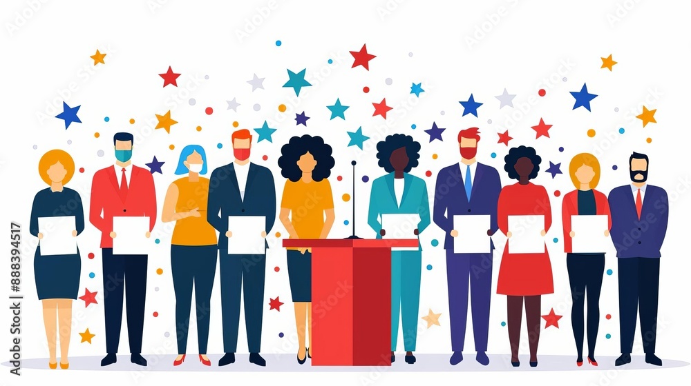 Diverse group of professionals receiving awards on stage with colorful ...