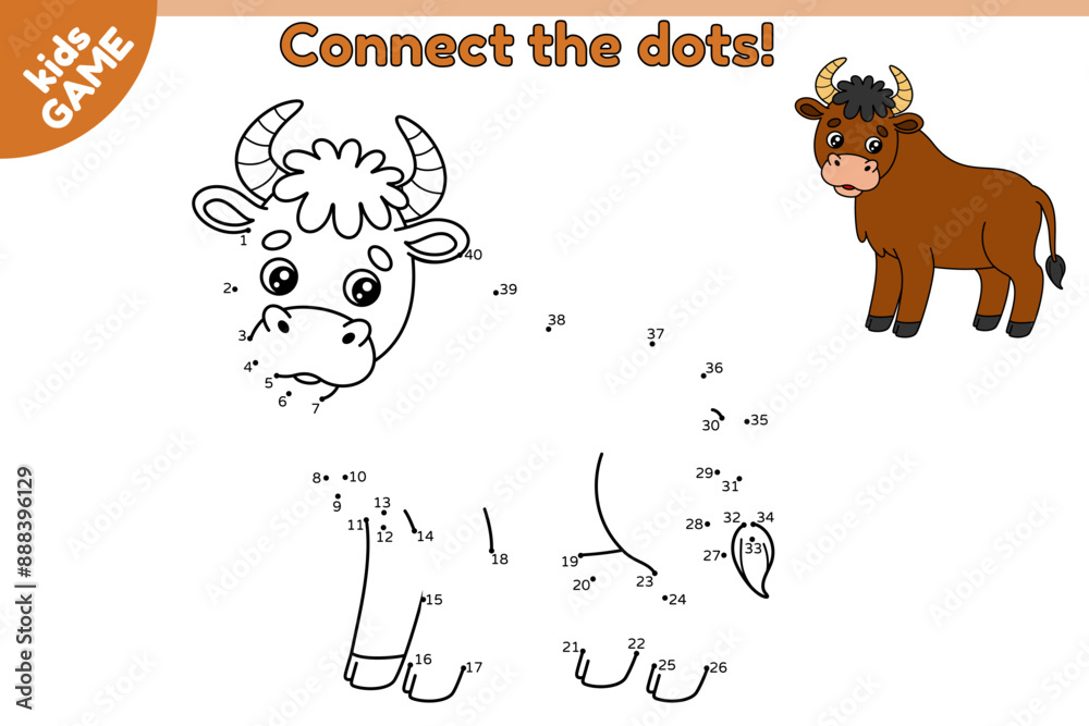 Dot to dot kids game with farm bull. Connect the dots by numbers, draw ...