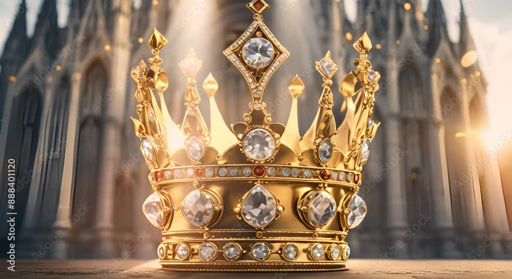 A gold royal king queen coronation crown with jewels and diamonds ...