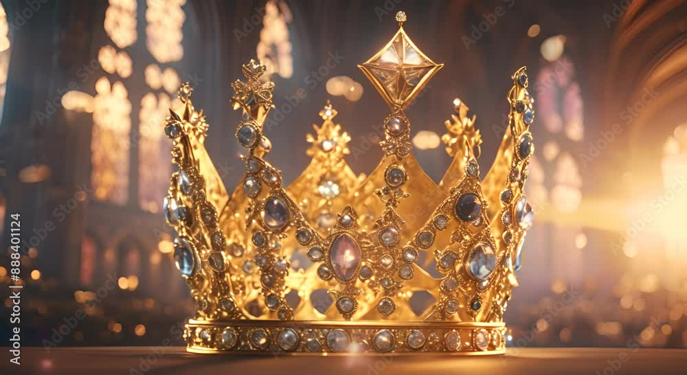A gold royal king queen coronation crown with jewels and diamonds ...