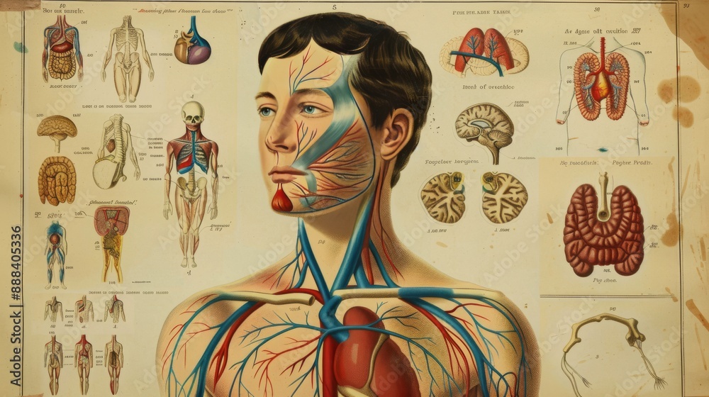Diagram of human body for men, showing the skin, blood flow, bones ...