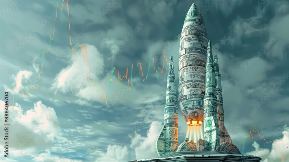 High-resolution digital artwork of an IPO launch, depicted as a rocket ...