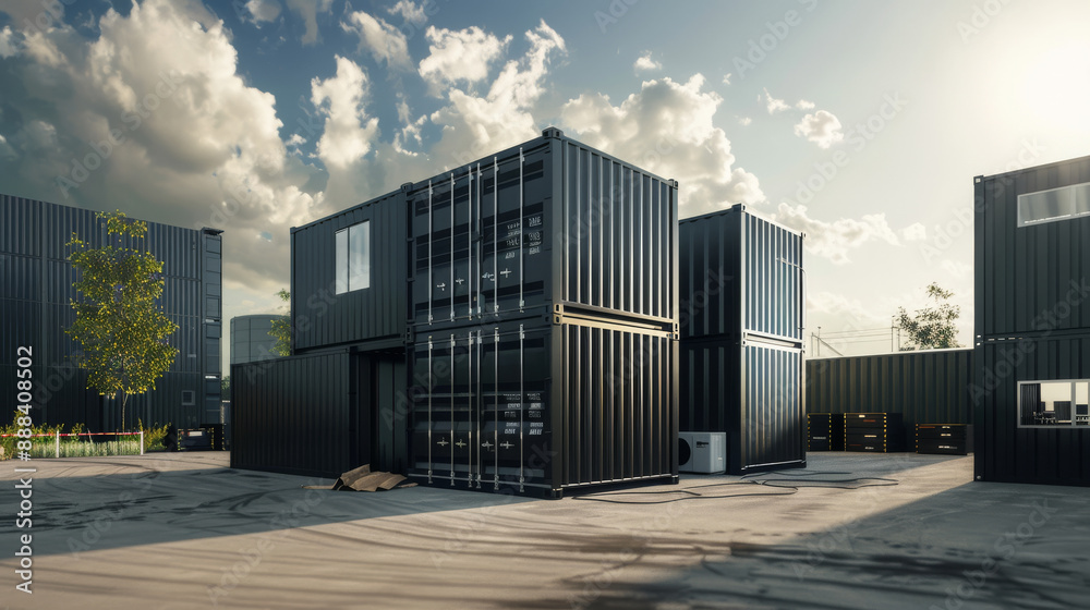 Stacked black shipping containers form a neat, orderly structure under ...