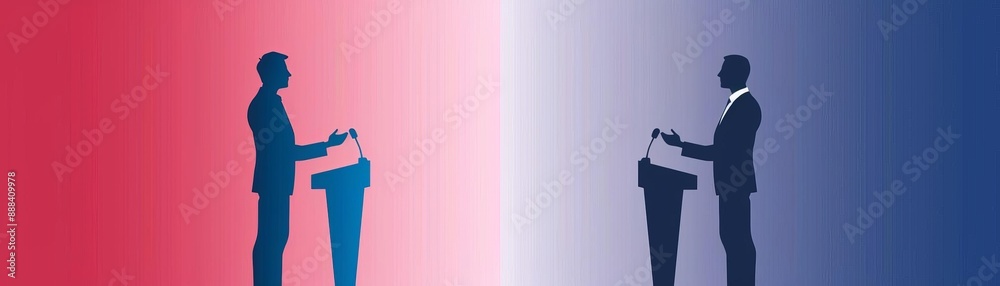 Two politicians facing off in a debate with podiums, silhouetted ...