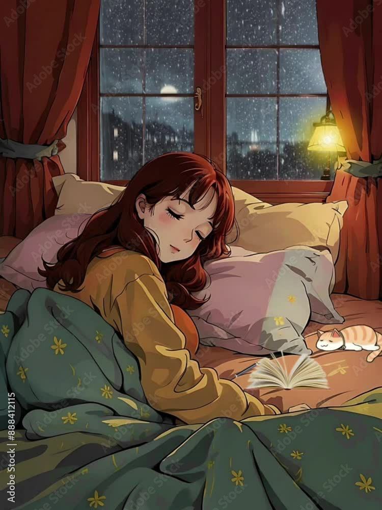 Young anime girl peacefully sleeping on a bed next to a cute cat.Cute ...