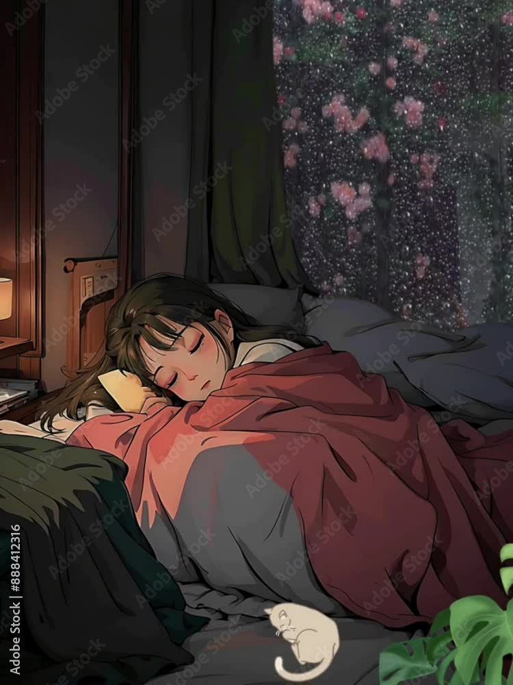 Young anime girl peacefully sleeping on a bed next to a cute cat.Cute ...