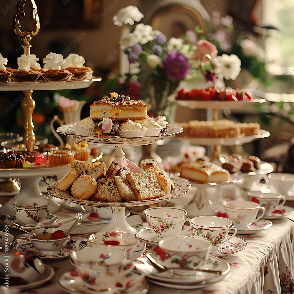 Edwardian style high tea party with fine china, beautiful linen and ...