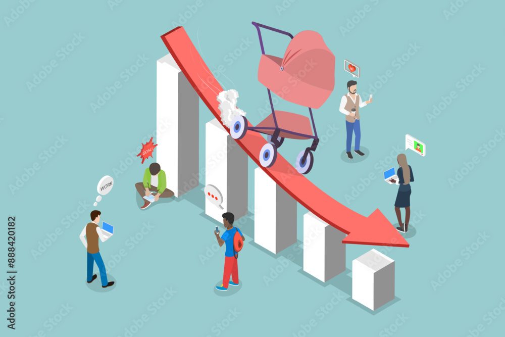 3D Isometric Flat Vector Illustration of Fertility Reduction In Europe ...