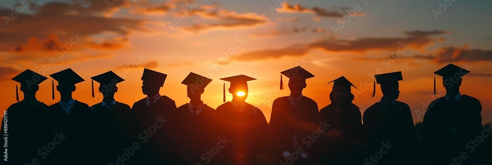 Silhouettes of students with graduate caps in a row on sunset ...