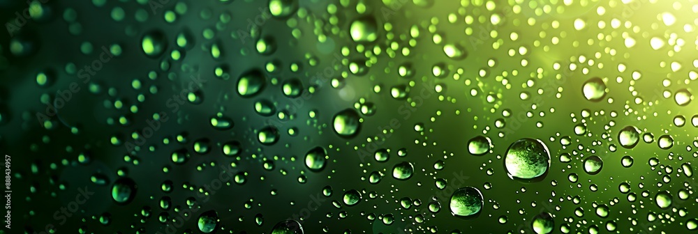 Gradient background with rain drops spread across shiny green surface ...