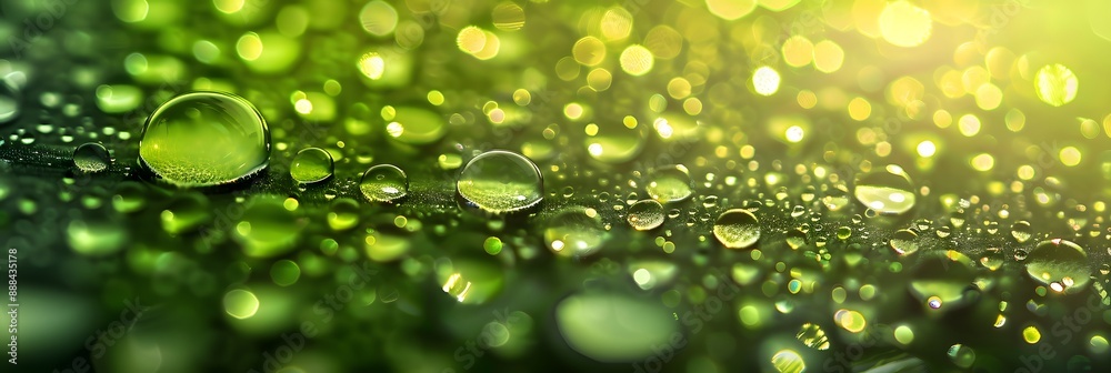 Gradient background with rain drops spread across shiny green surface ...