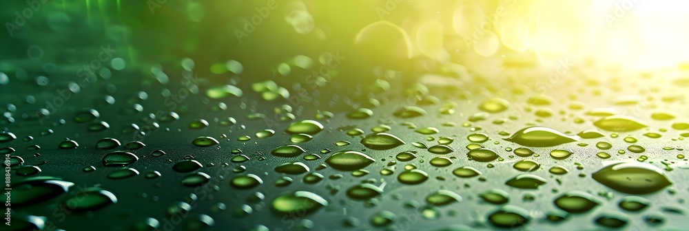 Gradient background with rain drops spread across shiny green surface ...