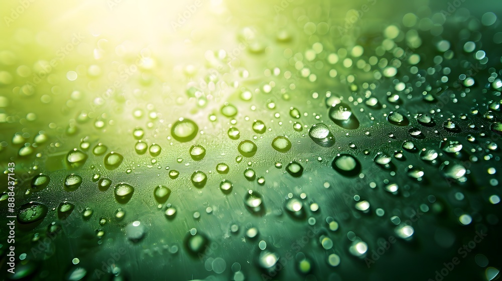 Gradient background with rain drops spread across shiny green surface ...
