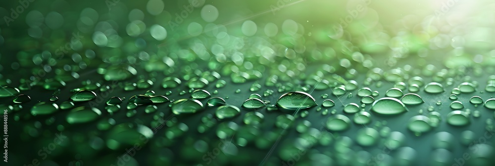 Gradient background with rain drops spread across shiny green surface ...
