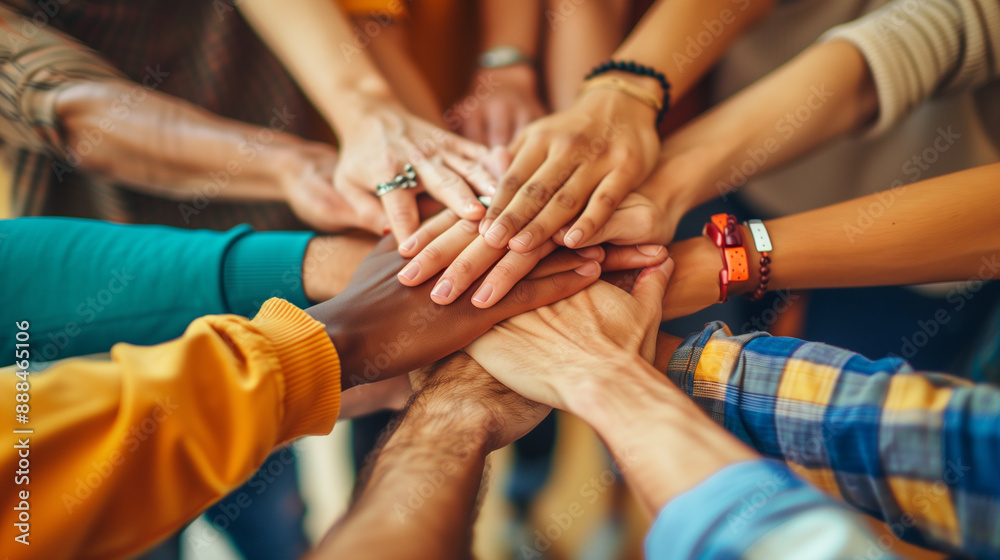 Collaborative Spirit: United Hands. A diverse group of hands stacked together, representing ...