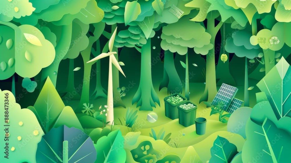 An abstract illustration of a green forest canopy with leaves shaped ...