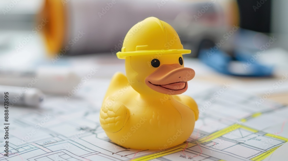 Yellow rubber duck wearing a construction hat sitting on blueprints ...