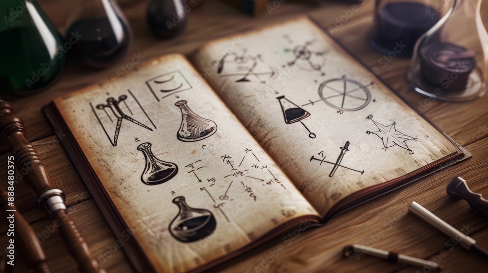 An open tome with detailed, hand-drawn graphic art of an alchemist's ...