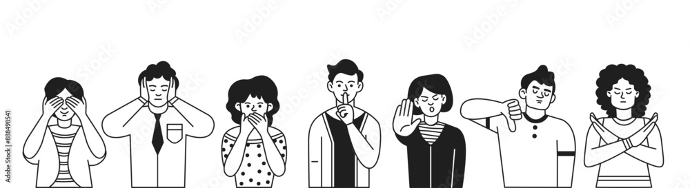 Men and women showing various gestures doodle line cartoon illustration ...
