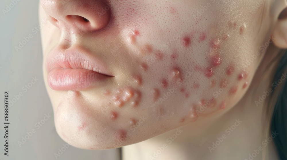 acne on woman face with rash skin, scar, and red skin syndrome allergic ...