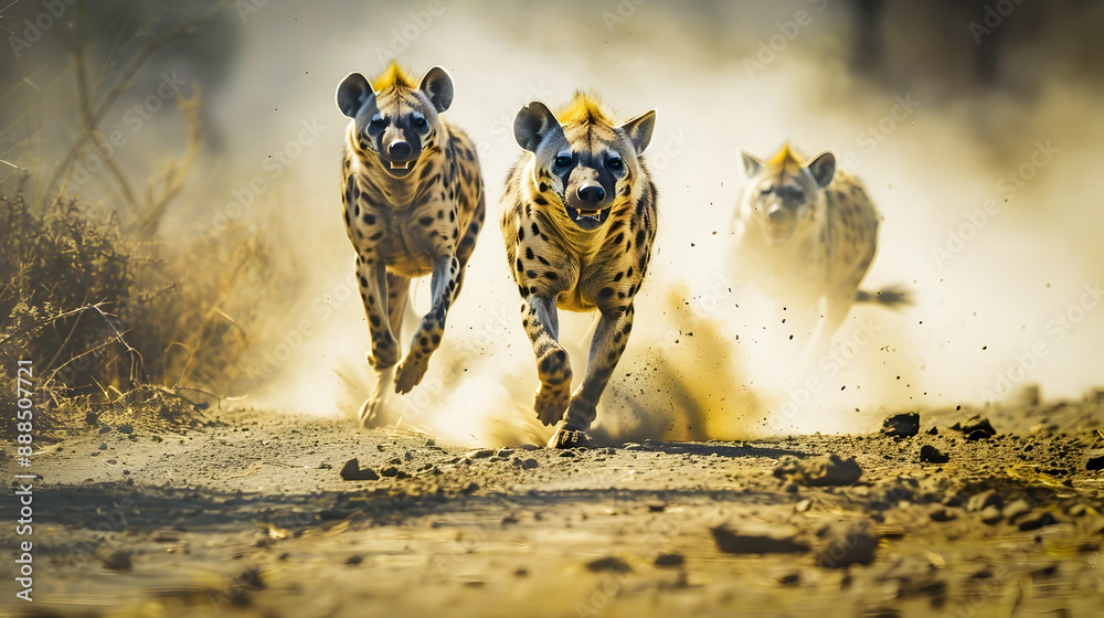 Fierce hyenas running in a pack on a dusty dirt road kicking up a cloud ...
