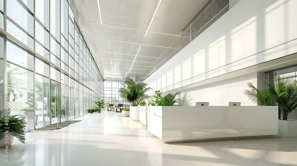 Bright office lobby with a large white reception desk, glass walls ...