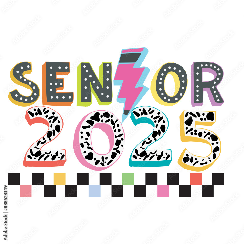 Senior 2025 png svg, Retro Dalmatian dots Checkered Race Doodle Bright ...