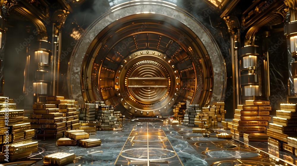 Bank vault background with a central golden safe, surrounded by money ...
