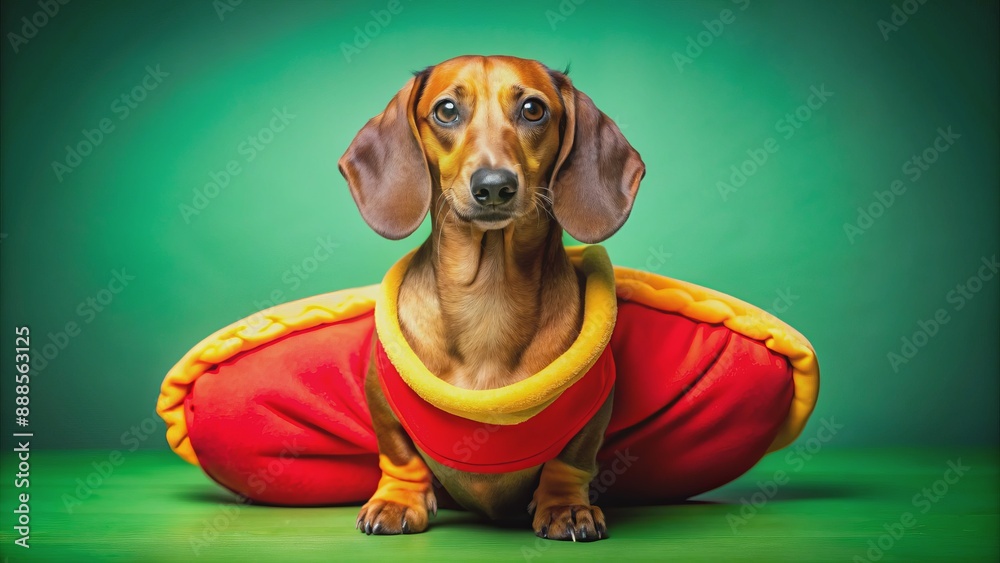 Adorable dachshund wearing festive red hot dog costume posing proudly ...