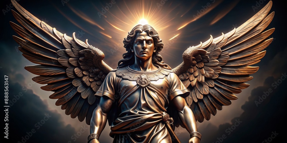 Mythical dark bronze statue with glowing radiance of Michael the ...
