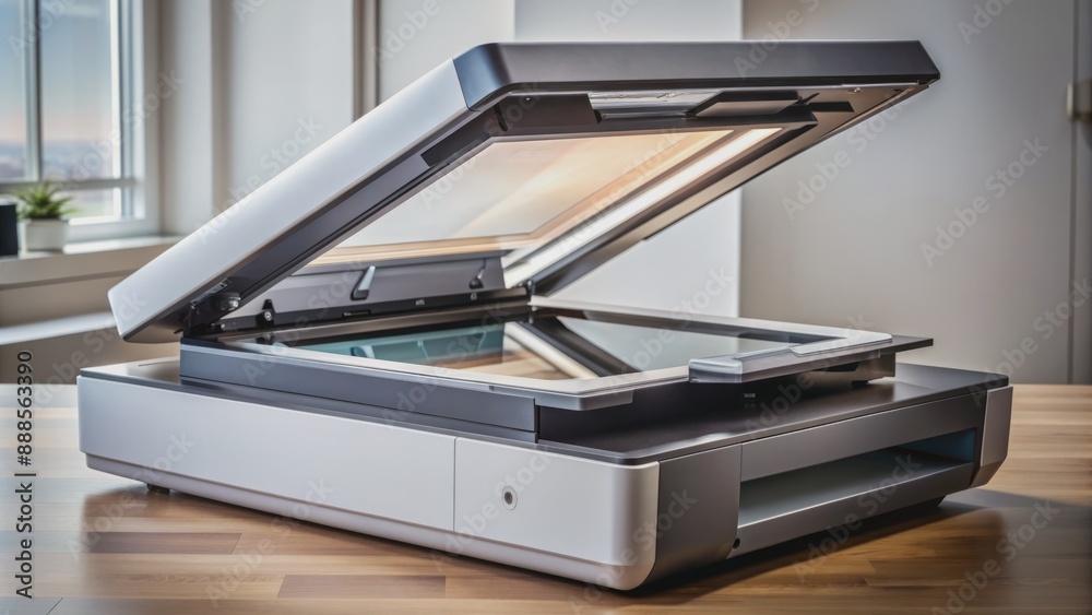 Modern multifunctional office device with open lid, exposing glass ...