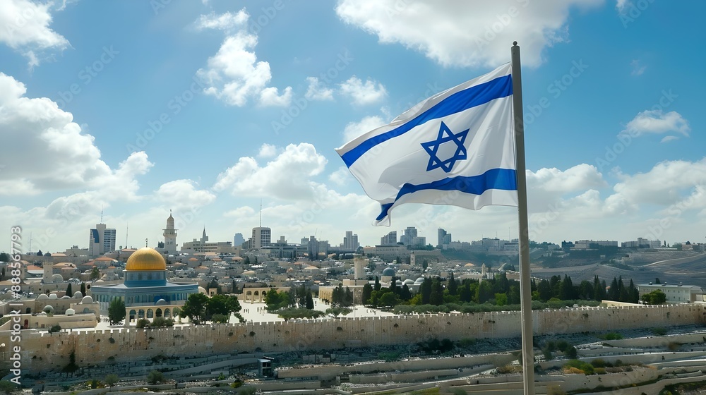 Jerusalem skyline with Israeli flag - iconic landmark Stock Photo ...