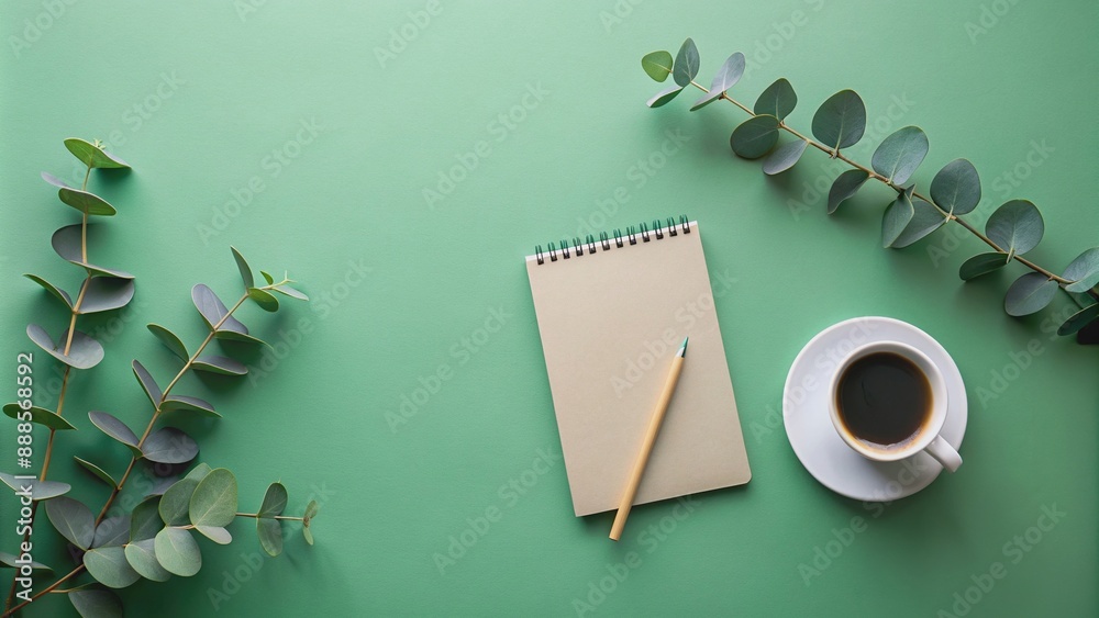 Minimal workspace with paper notebooks, coffee cup, and eucalyptus ... Minimal workspace with paper notebooks, coffee cup, and eucalyptus ...