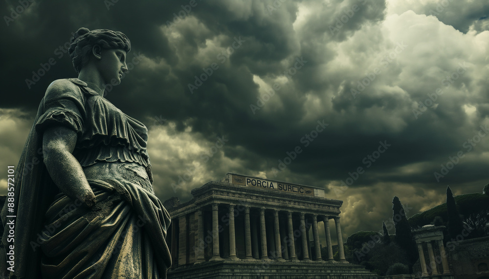 Cena cinematográfica da estátua da filósofa estoica "PORCIA", filha de ...
