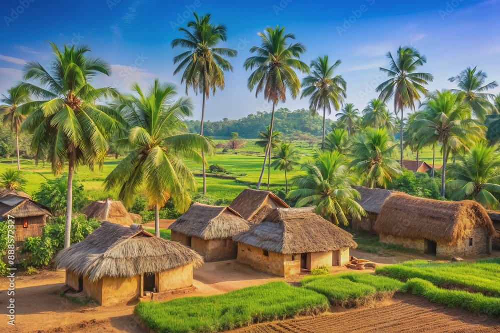 Rural Indian village farm landscape with traditional thatched roof mud ...