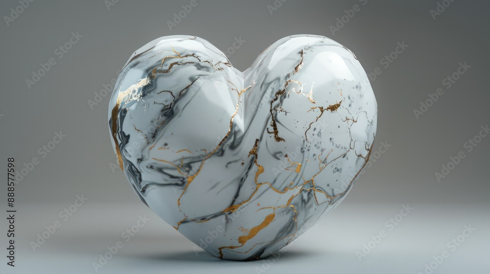Detailed textures of a 3D white marble heart with golden veins grace a ...