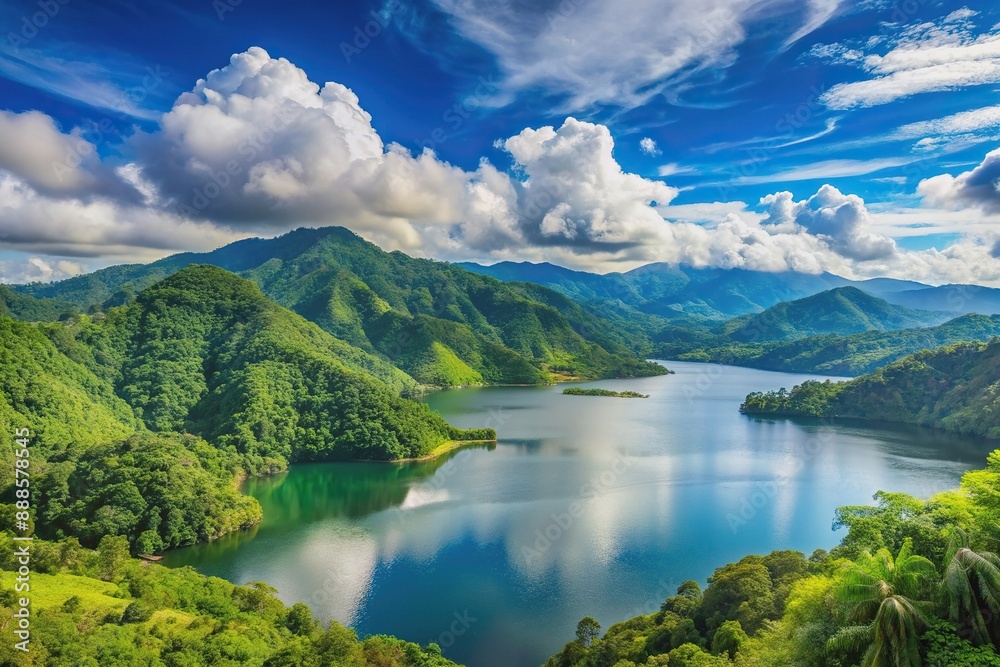 Scenic view of Lake Sebu and lush mountain forest under blue sky with ...