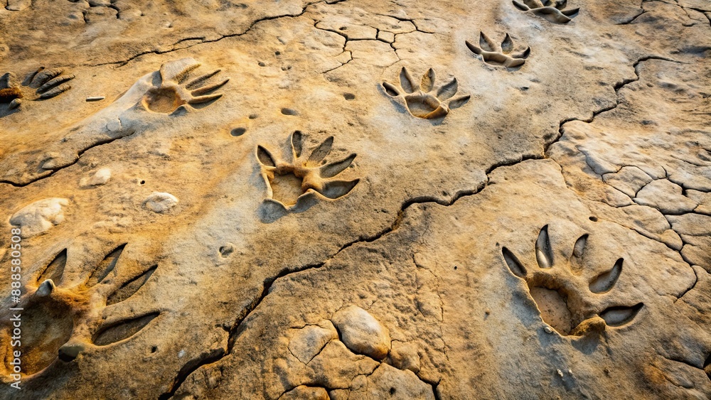 Dinosaur footprints on the ground in rendering, prehistoric, dinosaur ...