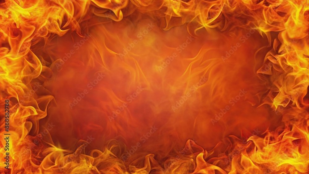 Abstract orange fire background with red border, fiery yellow flames ...