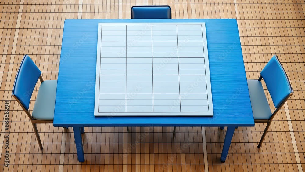 Overhead view of blue table stuck on storyboard sheet , blue, table ...